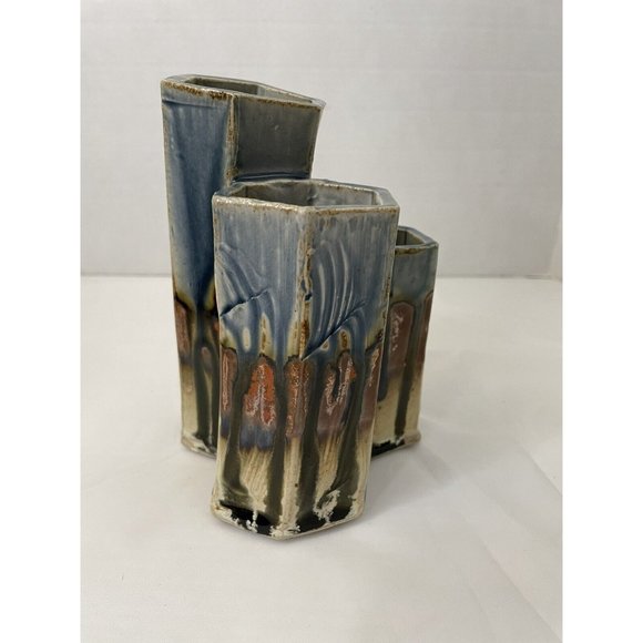 Unknown | Art | Vintage Art Pottery Triple Bud Vase Blue Drip Glaze 65 ...